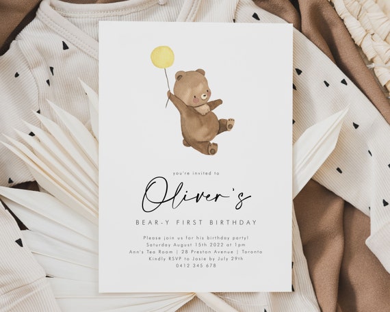 Watercolor Bear Birthday Invitation Template Teddy Bear - Etsy