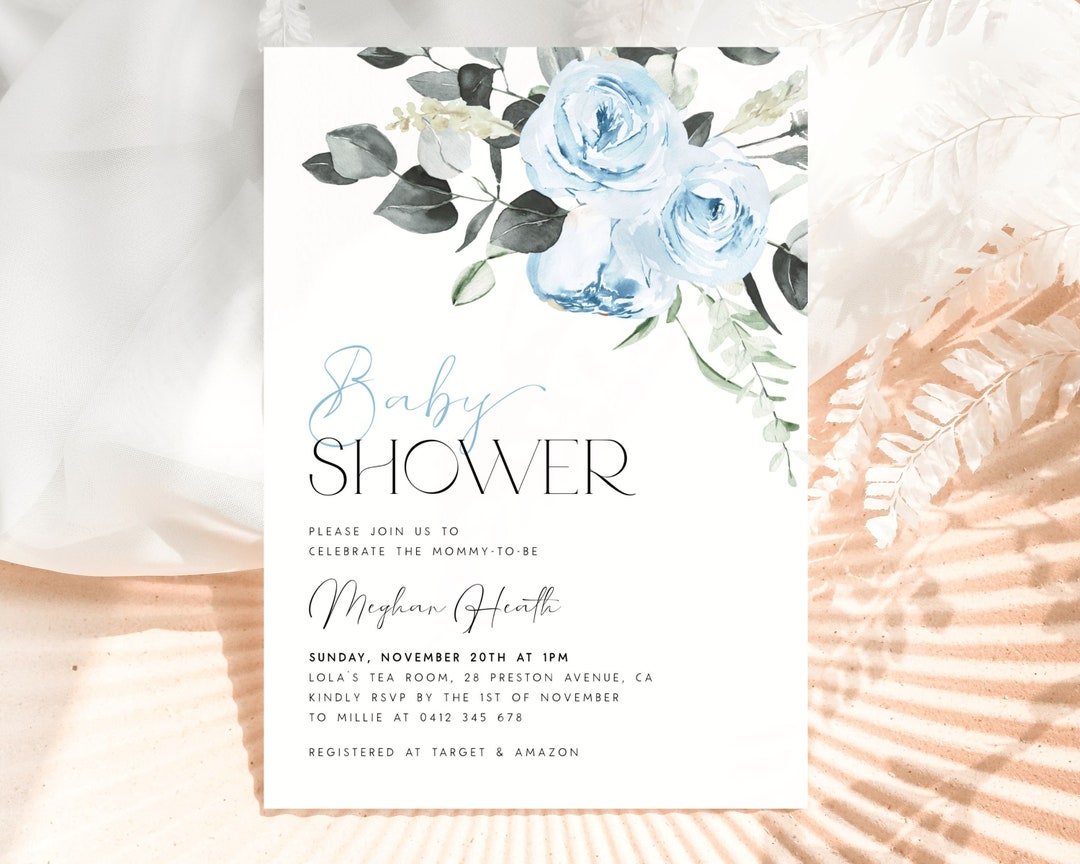 Blue Baby Shower Invitation Template. Blue Floral Baby Shower Invite ...