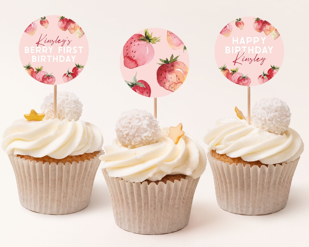 Strawberry Cupcake Toppers Template. Berry First Birthday Girl Berry ...