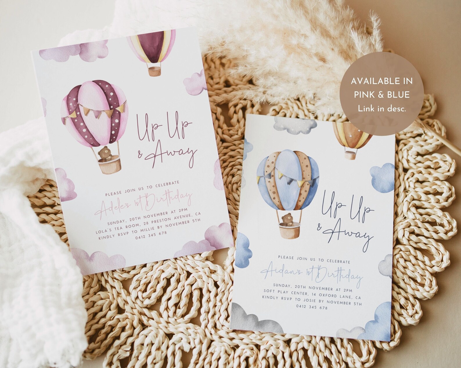 Up up and Away 1st Birthday Invitation Template Hot Air | Etsy