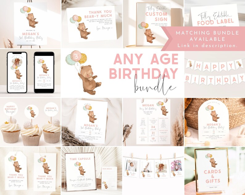 Bear Birthday Thank You Tag Editable Beary 3rd Birthday Thank - Etsy