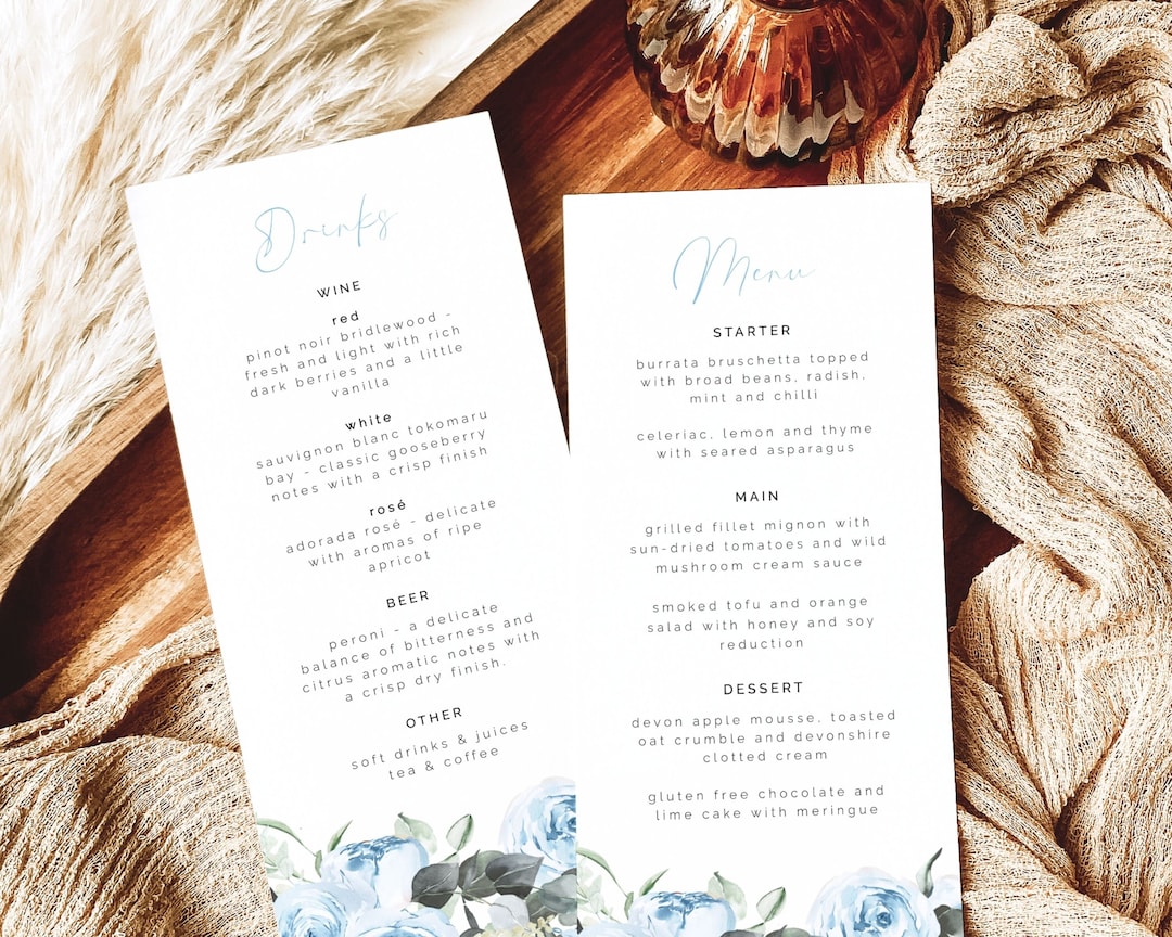 Blue Baby Shower Menu Template. Boho Blue Floral Baby Shower Menu Card ...