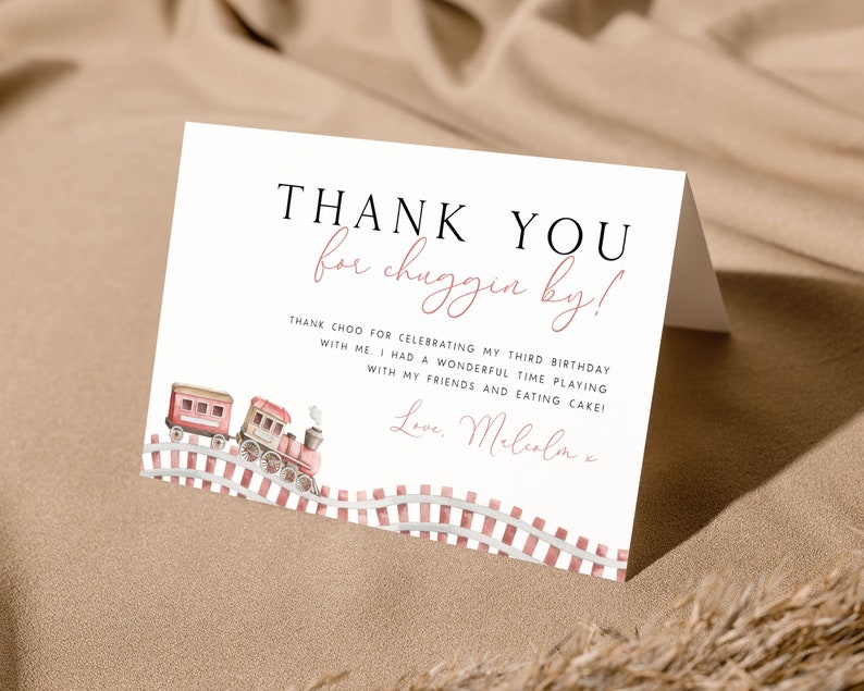 Train Birthday Thank You Card Template. Editable Chugga Choo Red Train ...
