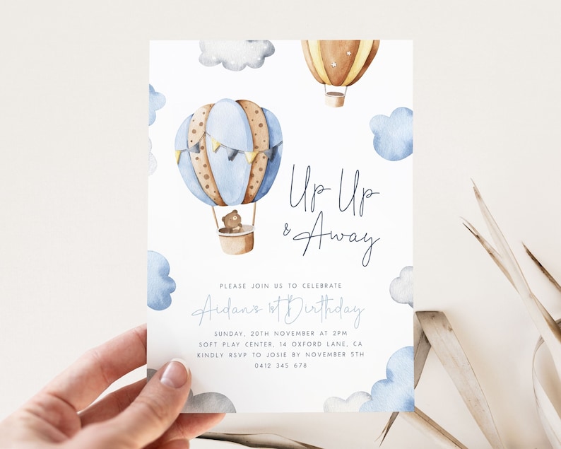 Up up and Away 1st Birthday Invitation Template Hot Air - Etsy