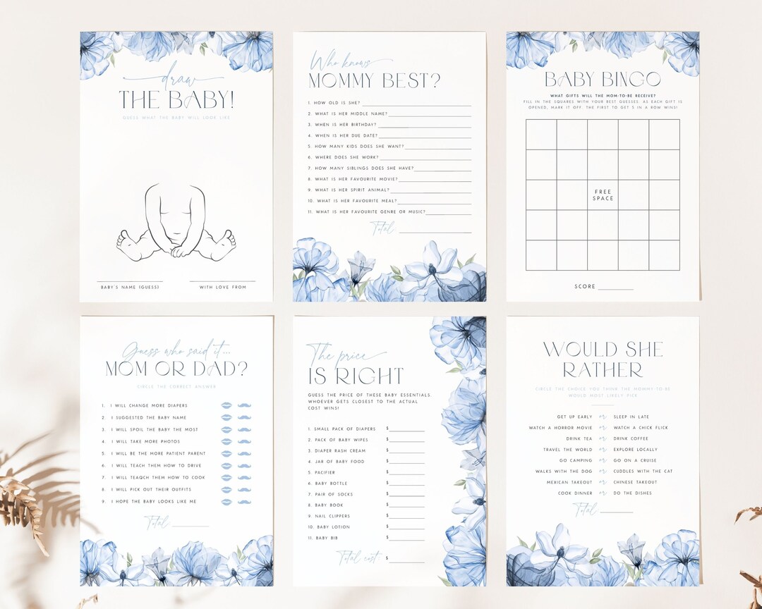 Dusty Blue Baby Shower Games Bundle. Blue Floral Printable Baby Shower ...