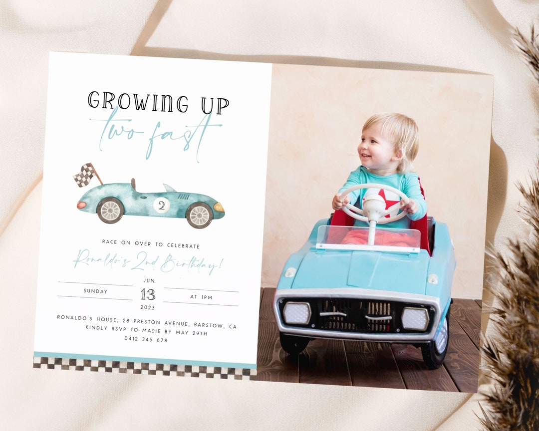 Growing up Two Fast 2nd Birthday Photo Invitation. Vintage Race Car ...