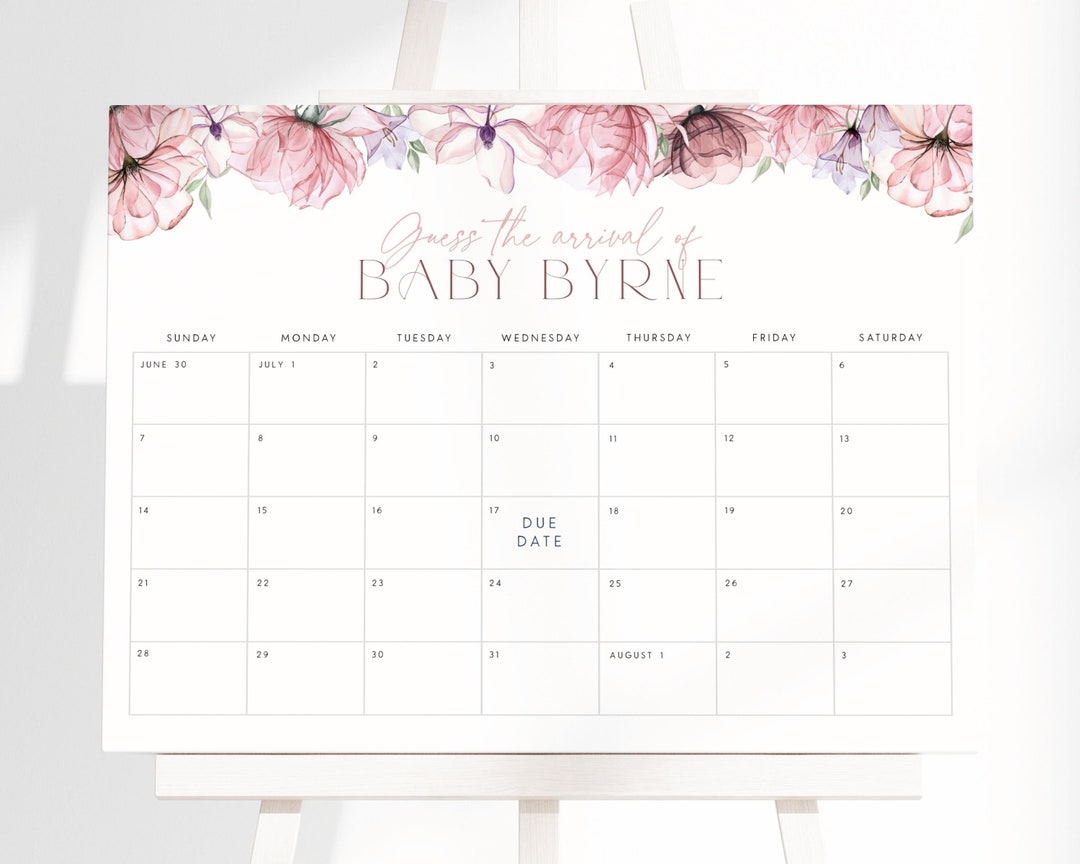 Blush Pink Baby Due Date Calendar Pink Floral Baby Shower Due Date Sign ...