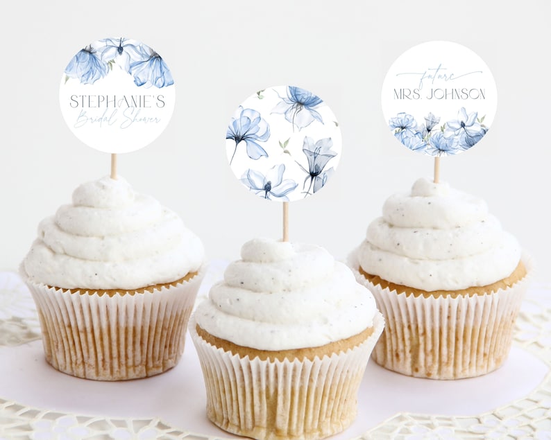 Dusty Blue Bridal Shower Cupcake Toppers. Blue Floral Bridal Shower ...