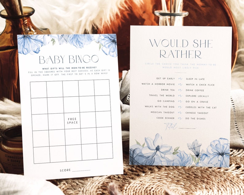 Dusty Blue Baby Shower Games Bundle. Blue Floral Printable Baby Shower ...