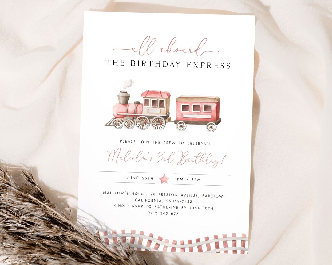 Editable Train Birthday Invitation Template. Red Train Birthday ...