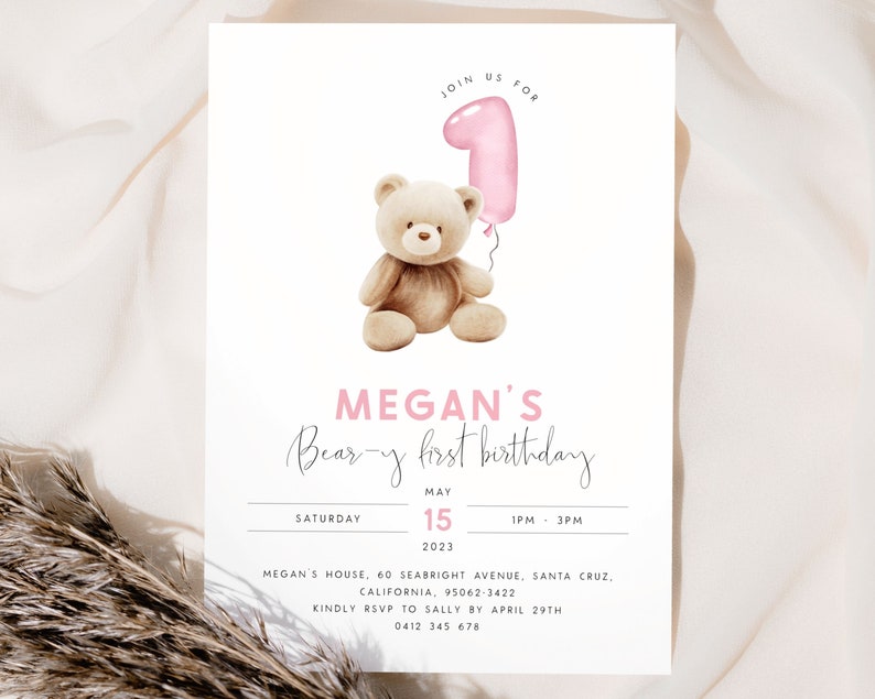 Bear 1st Birthday Invitation Template Editable Beary First - Etsy