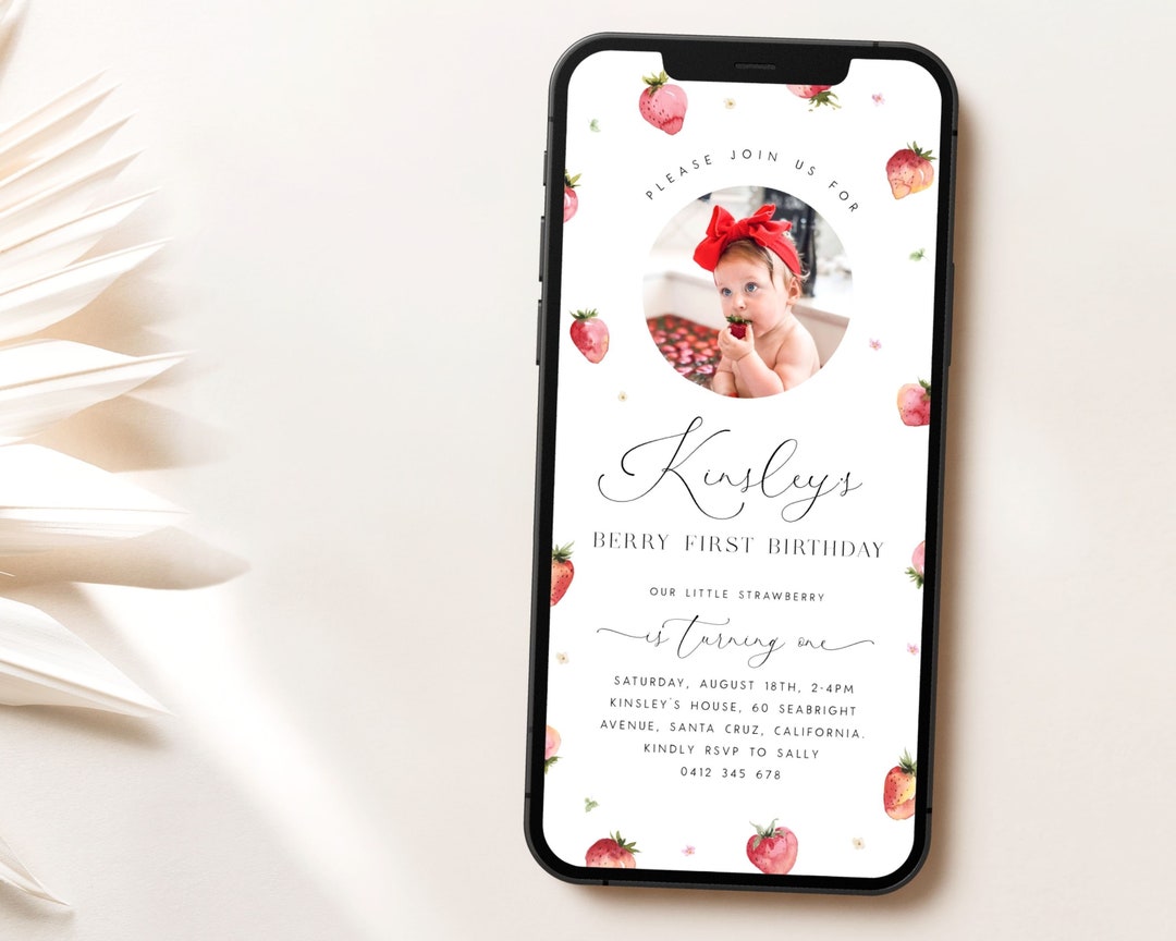 Berry First Birthday Evite With Photo. Strawberry Digital Invitation ...
