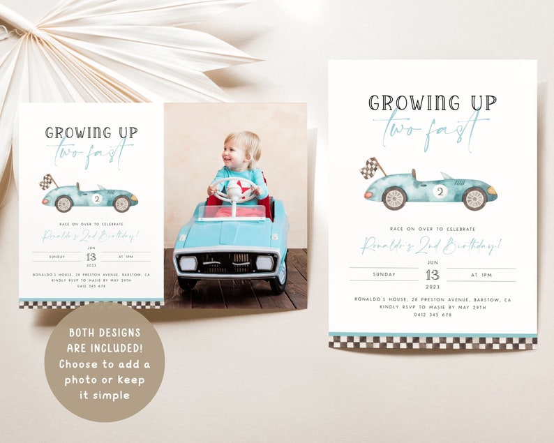 Growing up Two Fast 2nd Birthday Photo Invitation. Vintage - Etsy