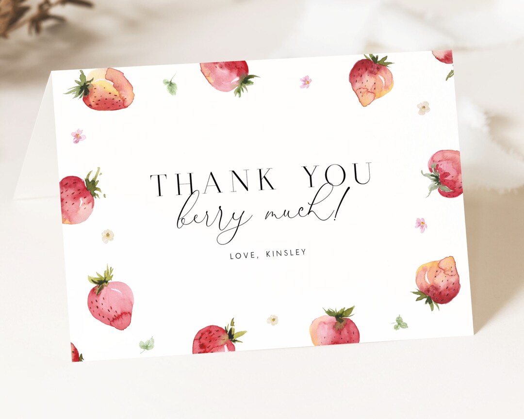 Berry First Birthday Thank You Card Template. Strawberry Thank You Card ...