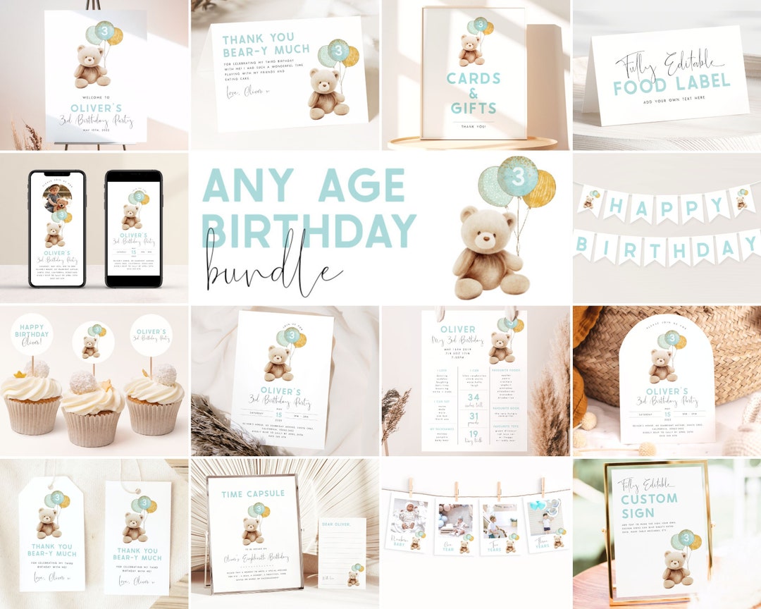 Bear Birthday Bundle. Beary 3rd Birthday Party Bundle Blue Teddy Bear ...
