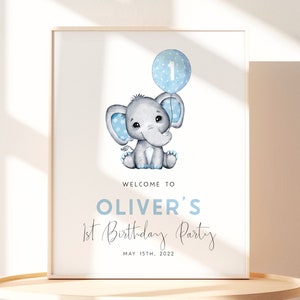 Elephant 1st Birthday Welcome Sign Template Blue Elephant 1st Birthday ...