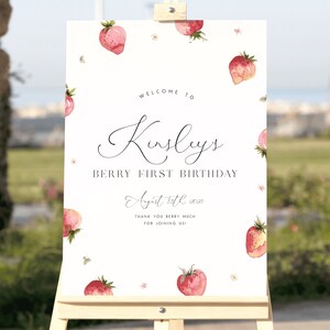 Berry First Birthday Welcome Sign Template. Editable Strawberry Welcome ...