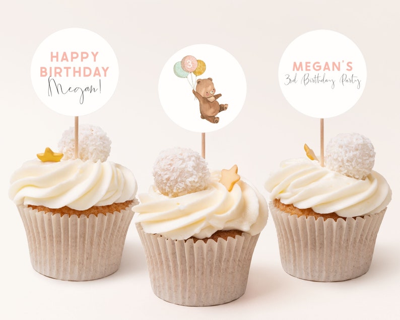 Bear Birthday Cupcake Toppers Template Editable Beary 3rd - Etsy