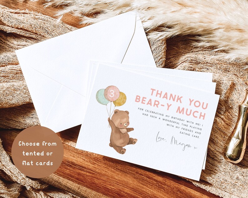 Bear Birthday Thank You Card. Editable Beary 3rd Birthday - Etsy