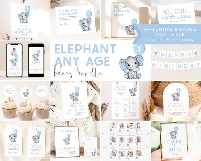 Elephant Happy Birthday Banner Template. Editable Elephant 1st - Etsy