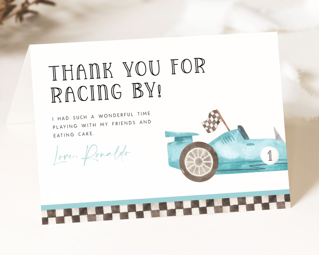 Fast One Race Car Thank You Card Template, Vintage Race Car 1st ...