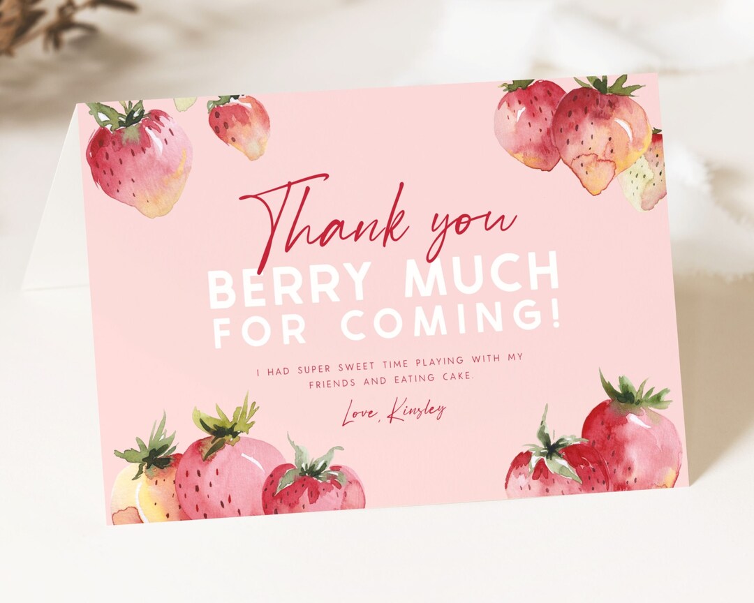 Berry First Birthday Thank You Card Template. Strawberry Thank You Card ...