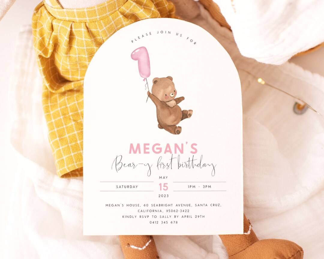 Bear 1st Birthday Arch Invitation. Editable Beary First Birthday Invite ...