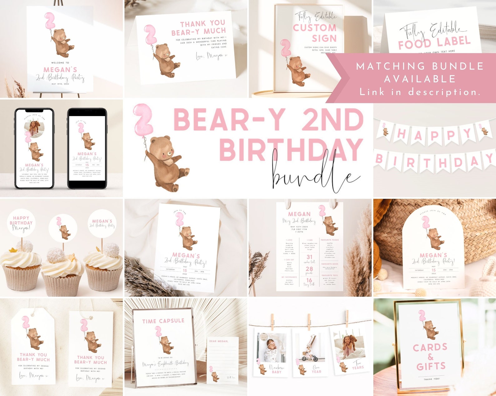Bear 2nd Birthday Thank You Tag. Editable Beary Second Birthday Thank ...