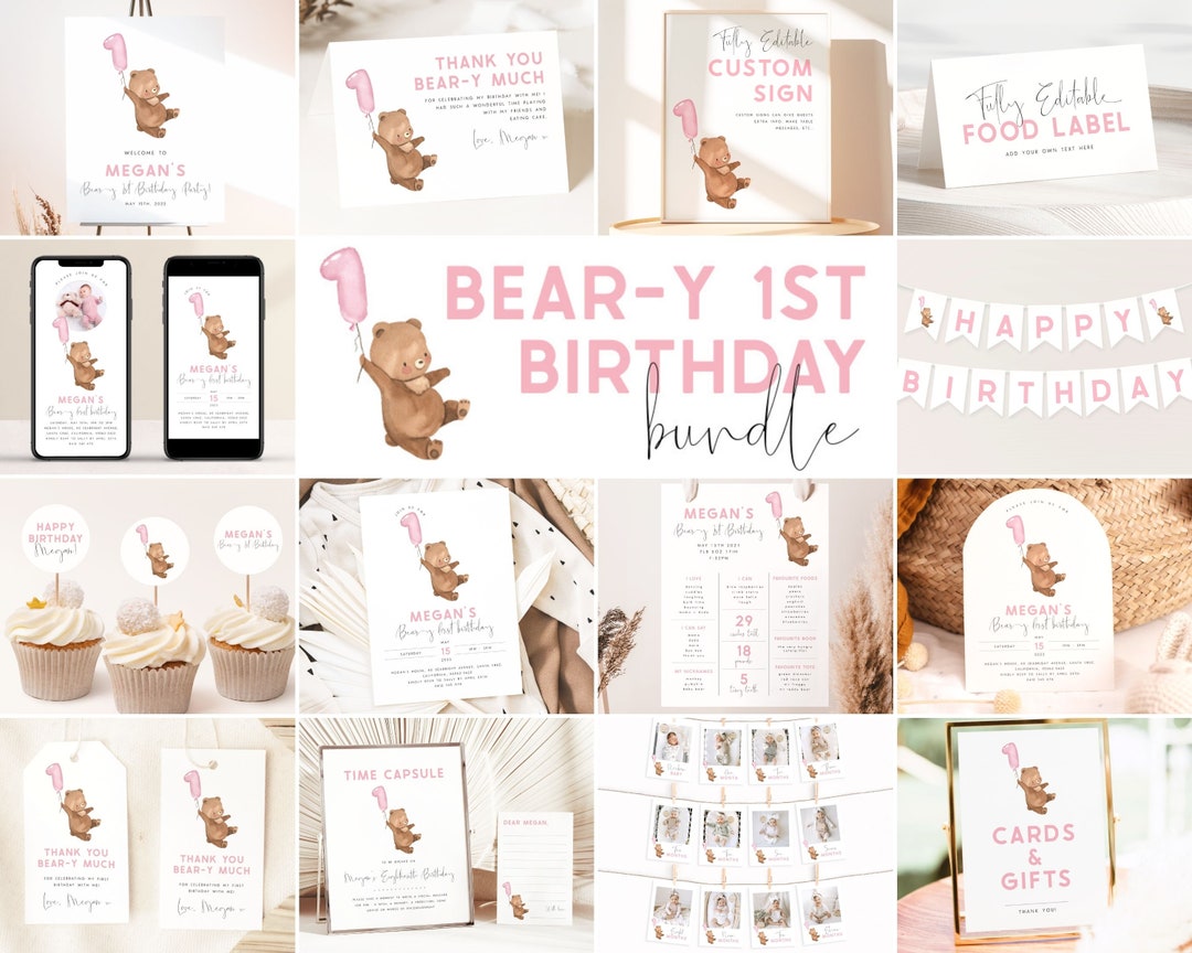 Bear 1st Birthday Bundle. Beary First Birthday Party Bundle Pink Teddy ...