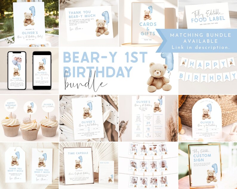 Bear 1st Birthday Welcome Sign Editable Template Beary First Birthday ...
