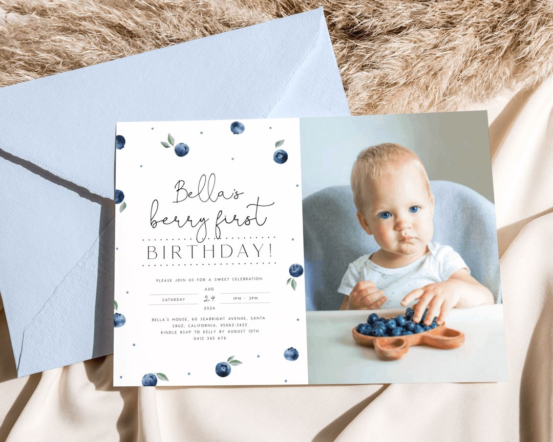 Blueberry First Birthday Photo Invitation Blueberry Invitation Berry ...