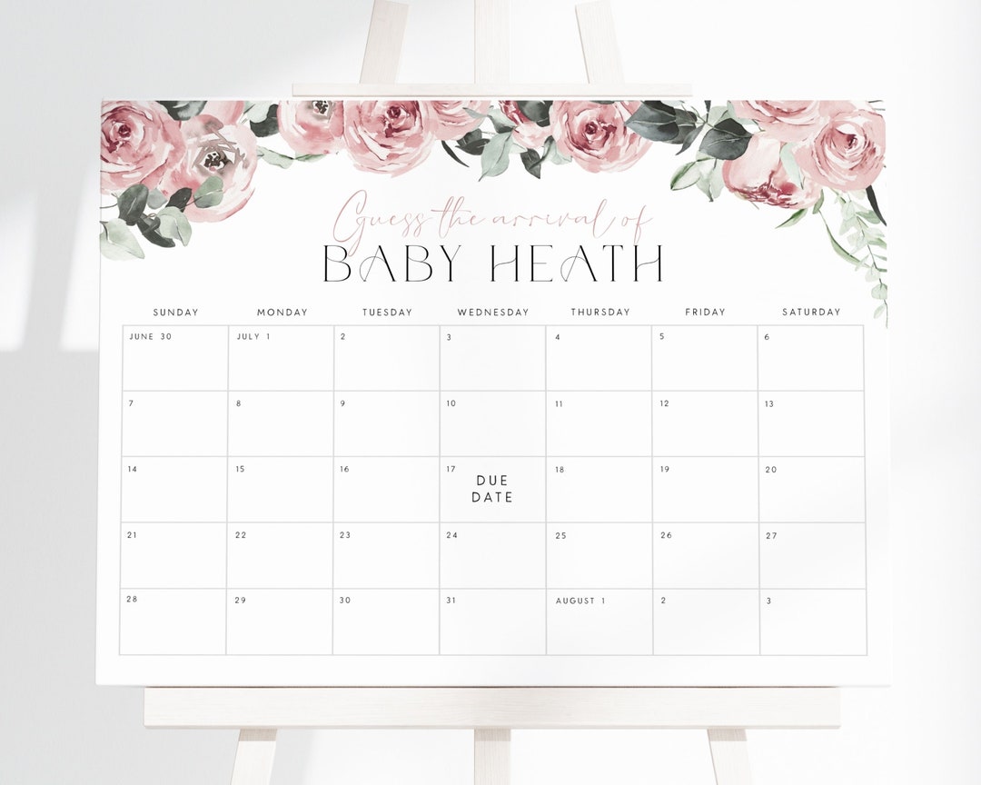 Blush Pink Baby Due Date Calendar Pink Floral Baby Shower Due Date Sign ...