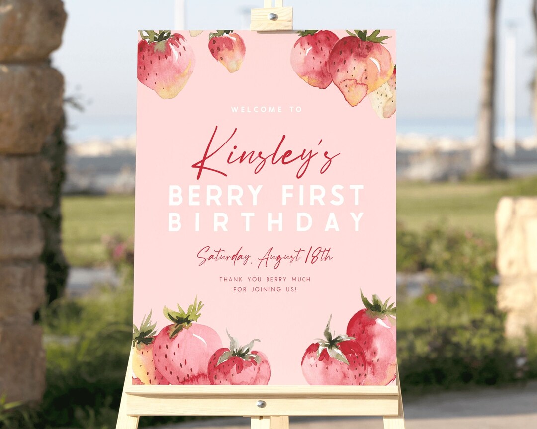 Berry First Birthday Welcome Sign Template. Editable Strawberry Welcome ...