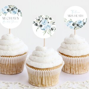 Dusty Blue Bridal Shower Cupcake Toppers. Blue Floral Bridal Shower ...