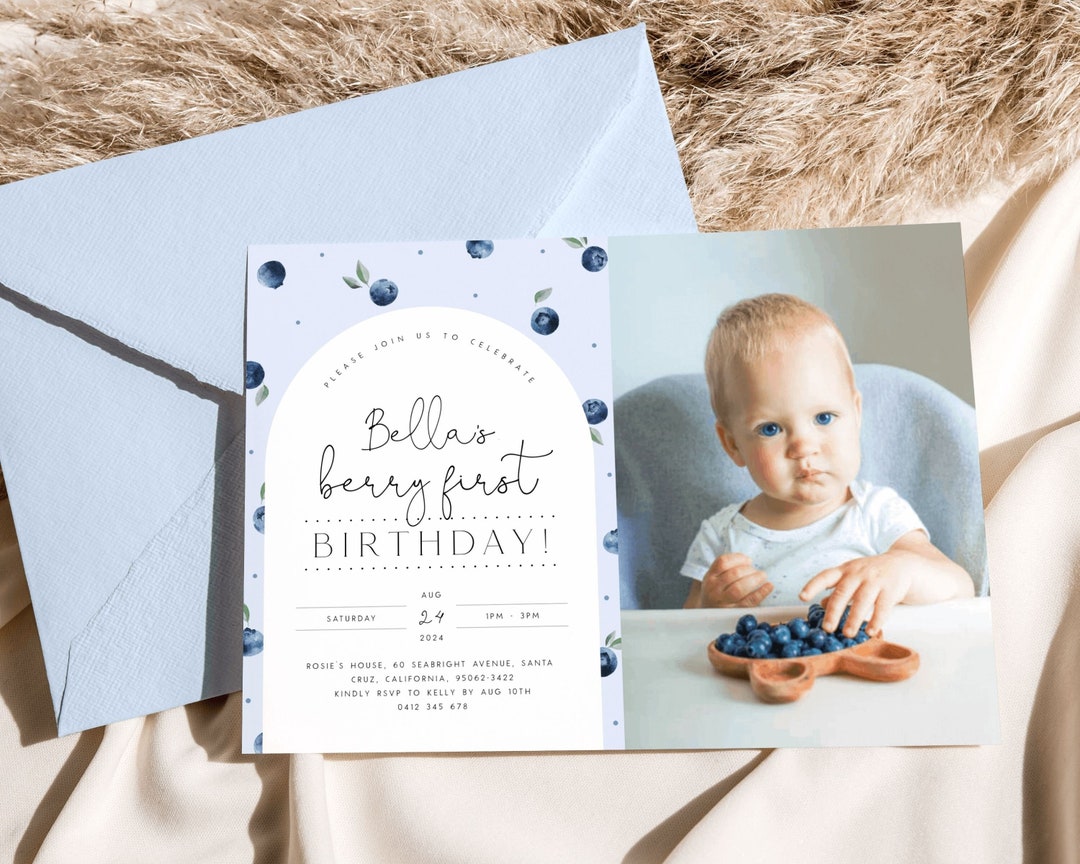 Blueberry First Birthday Photo Invitation Blueberry Invitation Berry ...