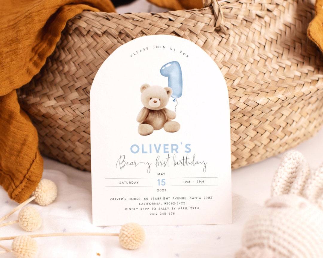 Bear 1st Birthday Arch Invitation. Editable Beary First Birthday Invite ...