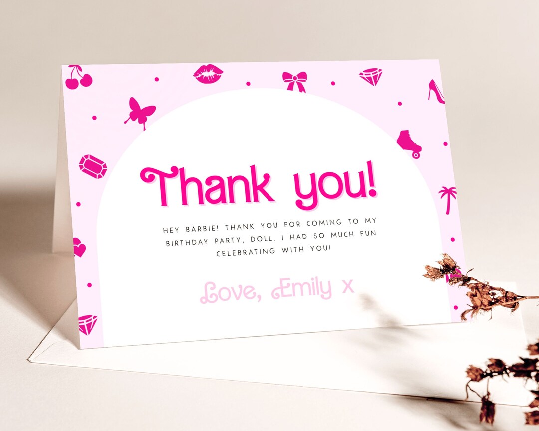 Hot Pink Doll Thank You Card Editable Template. Birthday Thank You Card ...