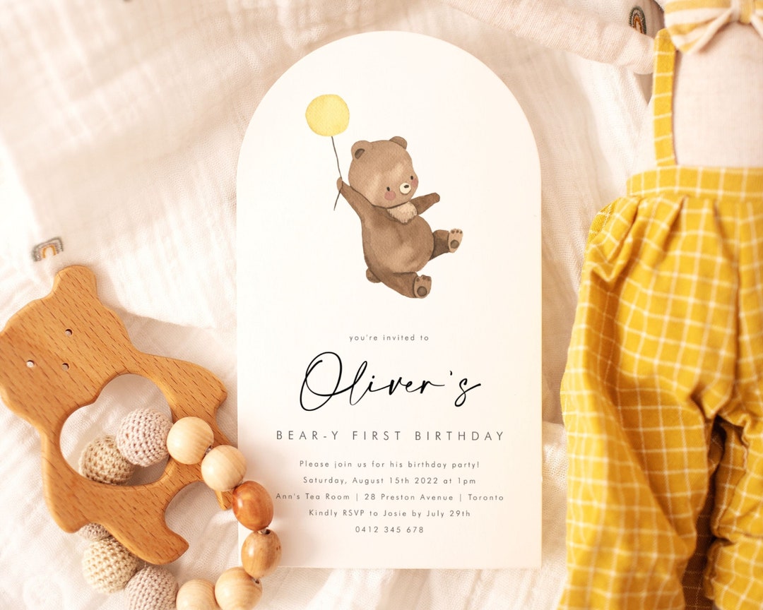 Watercolor Bear Birthday Invitation Template, Teddy Bear Arch ...