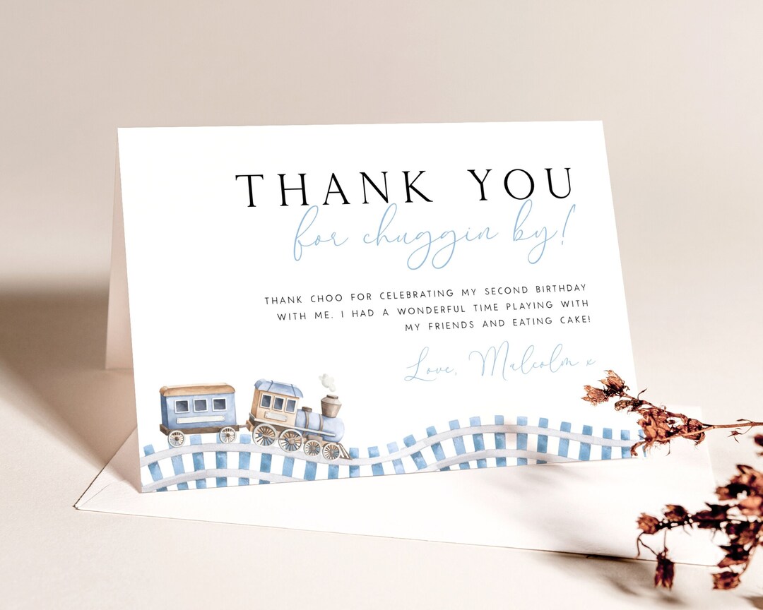 Train 2nd Birthday Thank You Card Template. Editable Chugga Two Two ...
