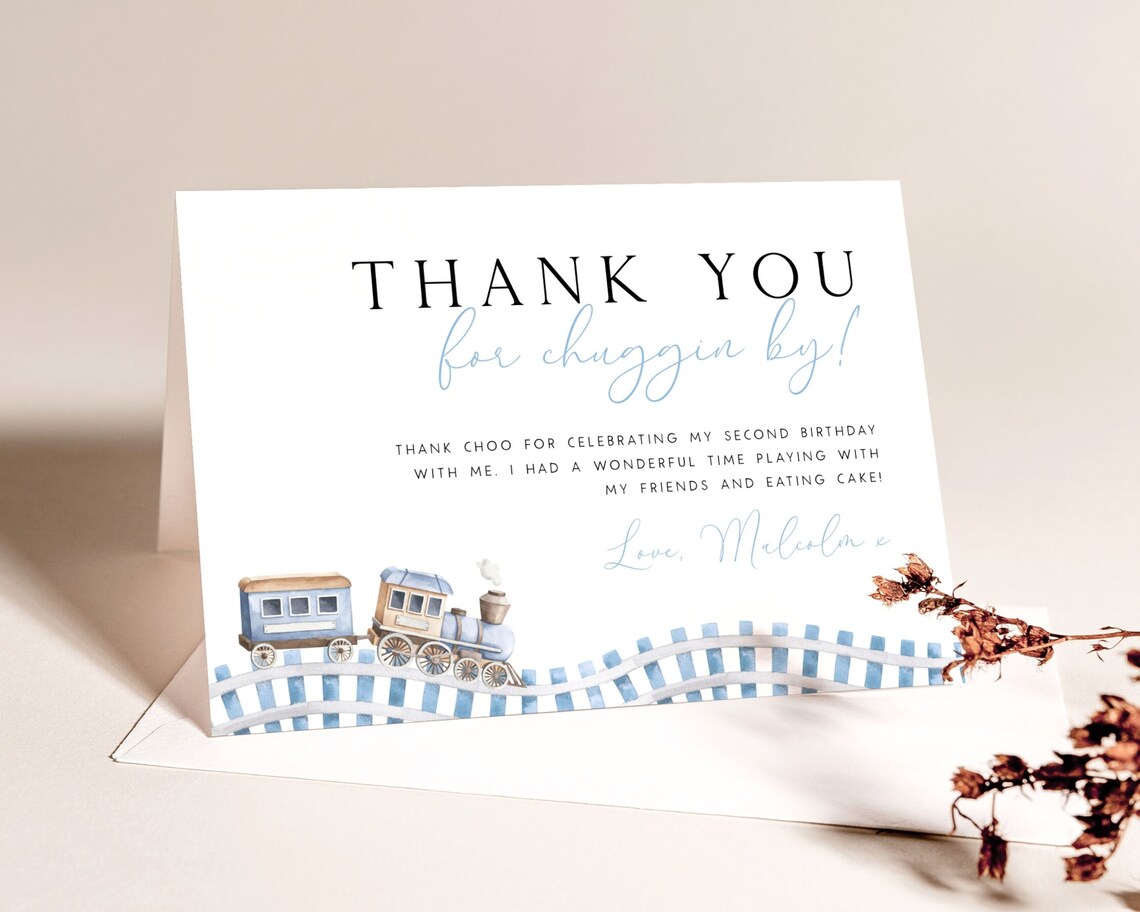 Train 2nd Birthday Thank You Card Template. Editable Chugga Two Two ...