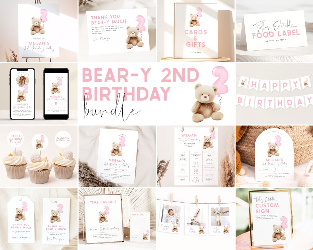 Bear 2nd Birthday Bundle. Beary Second Birthday Party Bundle Pink Teddy ...