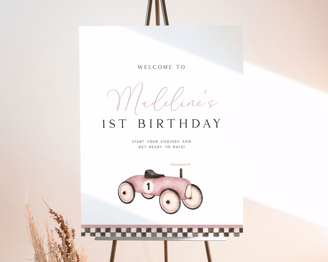 Pink Race Car Welcome Sign Editable Template. Vintage Race Car Welcome ...