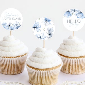 Dusty Blue Baby Shower Cupcake Toppers Boy. Blue Floral Baby Shower ...