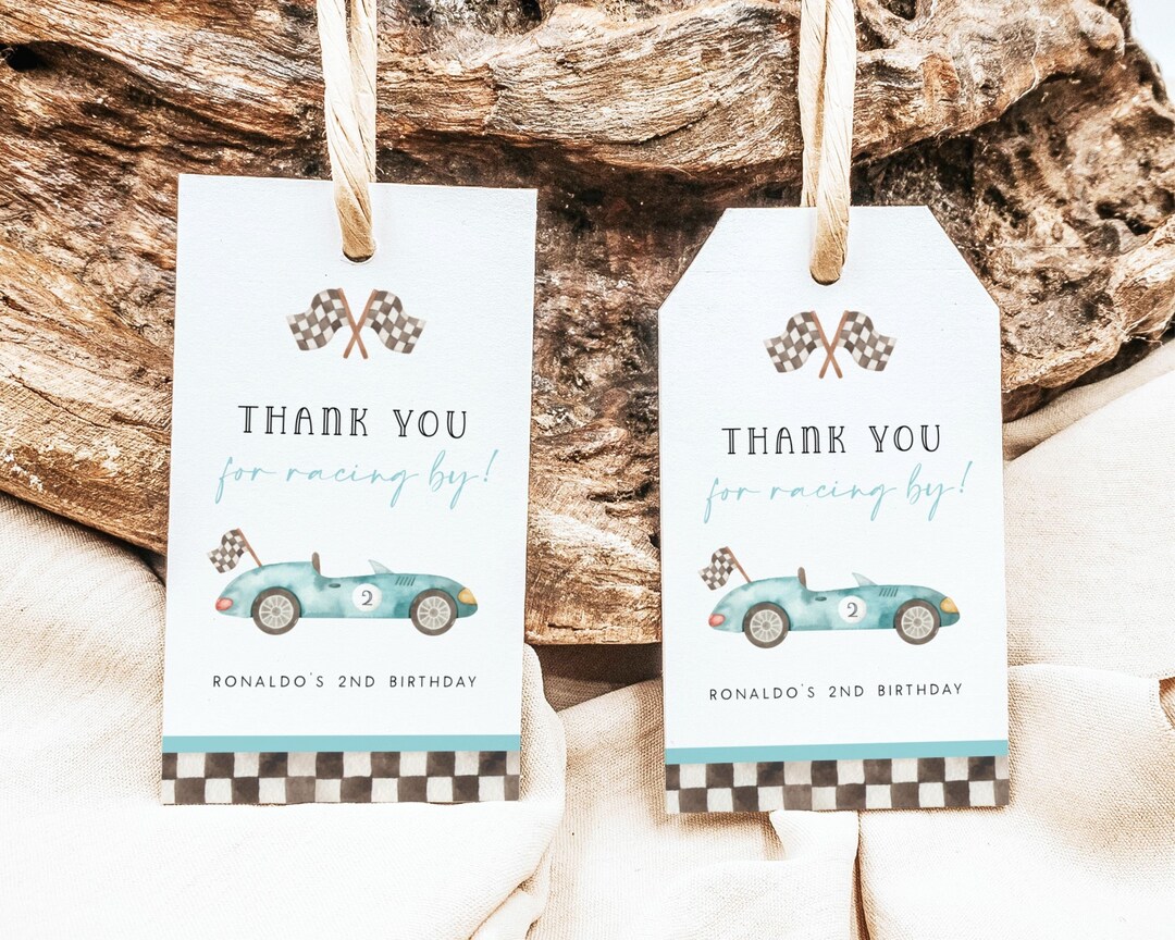 Two Fast Race Car Second Birthday Thank You Tag Template, Vintage Race ...