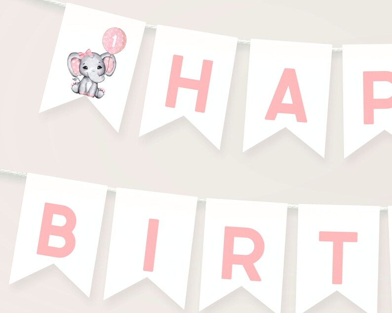 Elephant Happy Birthday Banner Template. Editable Elephant 1st Birthday ...