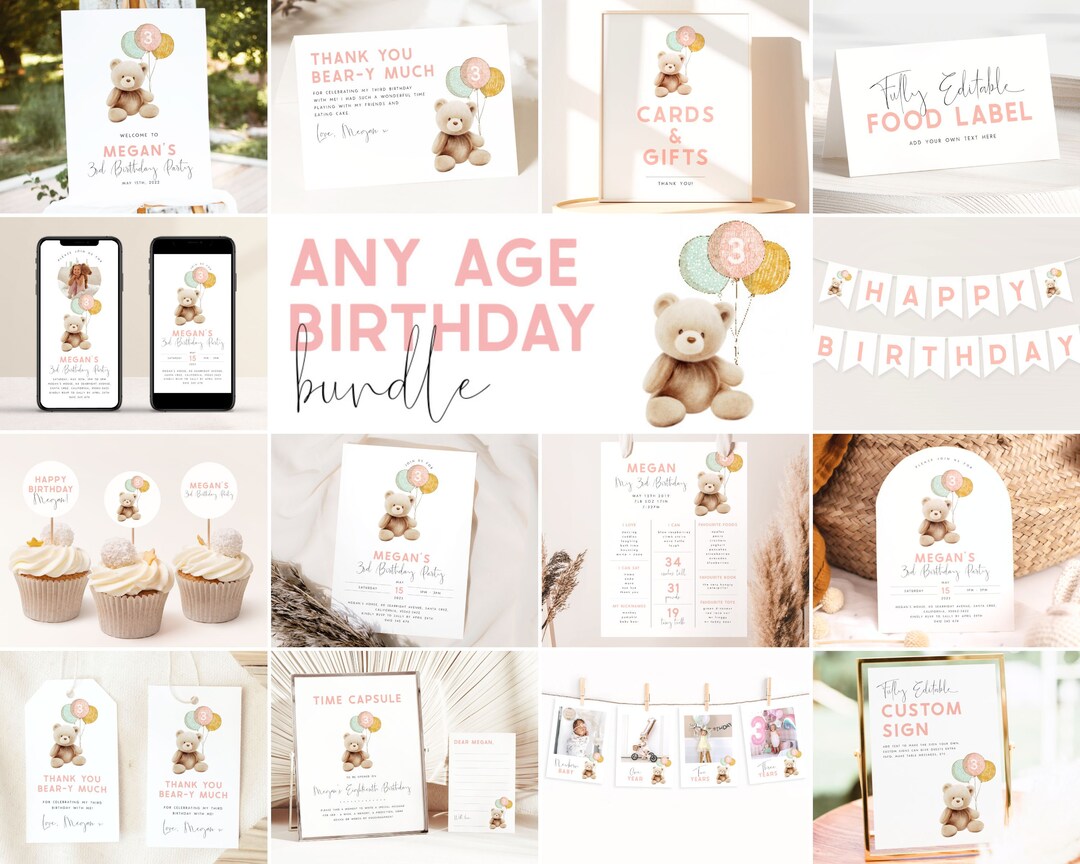 Bear Birthday Bundle. Beary 3rd Birthday Party Bundle Pink Teddy Bear ...