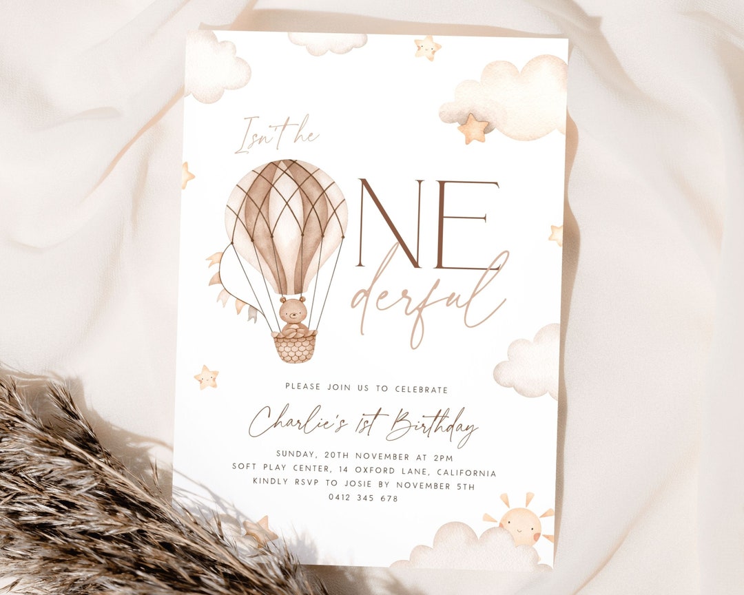 Onederful 1st Birthday Invitation Template, Onederful Neutral Hot Air ...