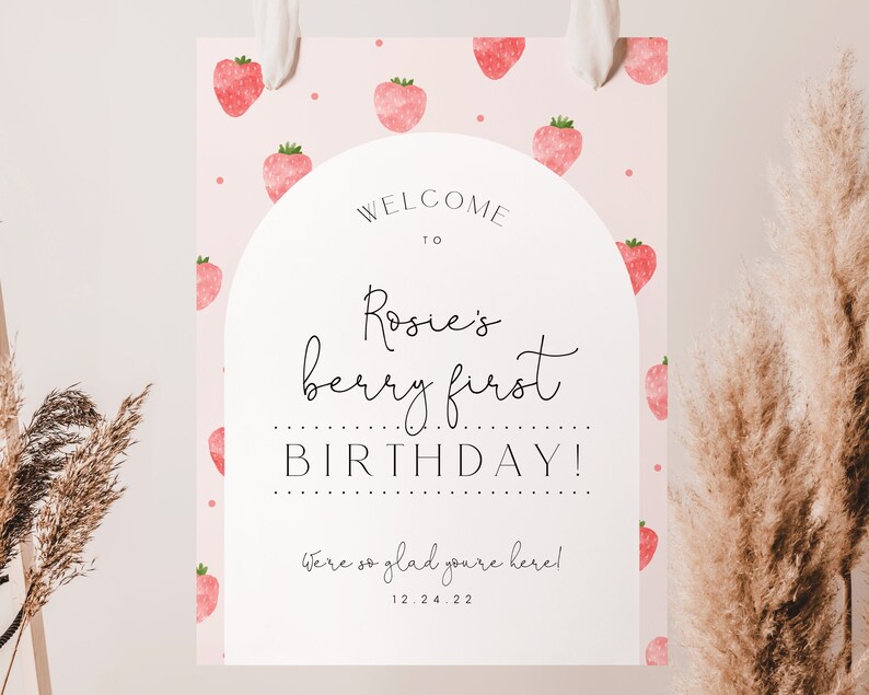 Berry First Birthday Welcome Sign Template. Editable - Etsy