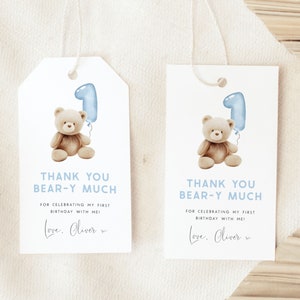 Bear 1st Birthday Thank You Tag. Editable Beary First Birthday Thank ...