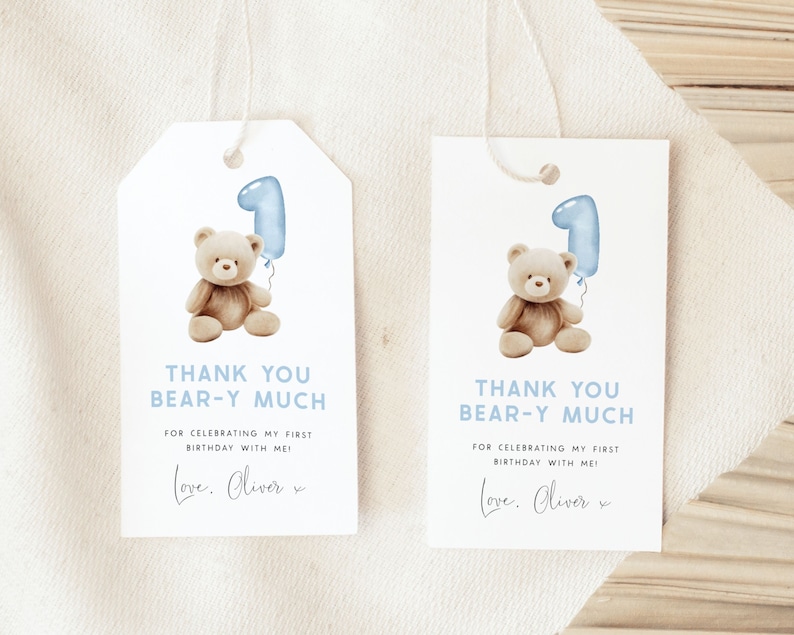 Bear 1st Birthday Thank You Tag. Editable Beary First Birthday - Etsy